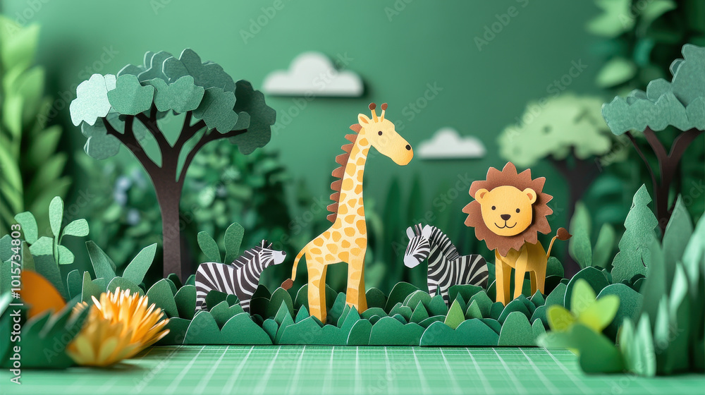 Paper safari scene with giraffe, lion, and zebras in lush green jungle ...