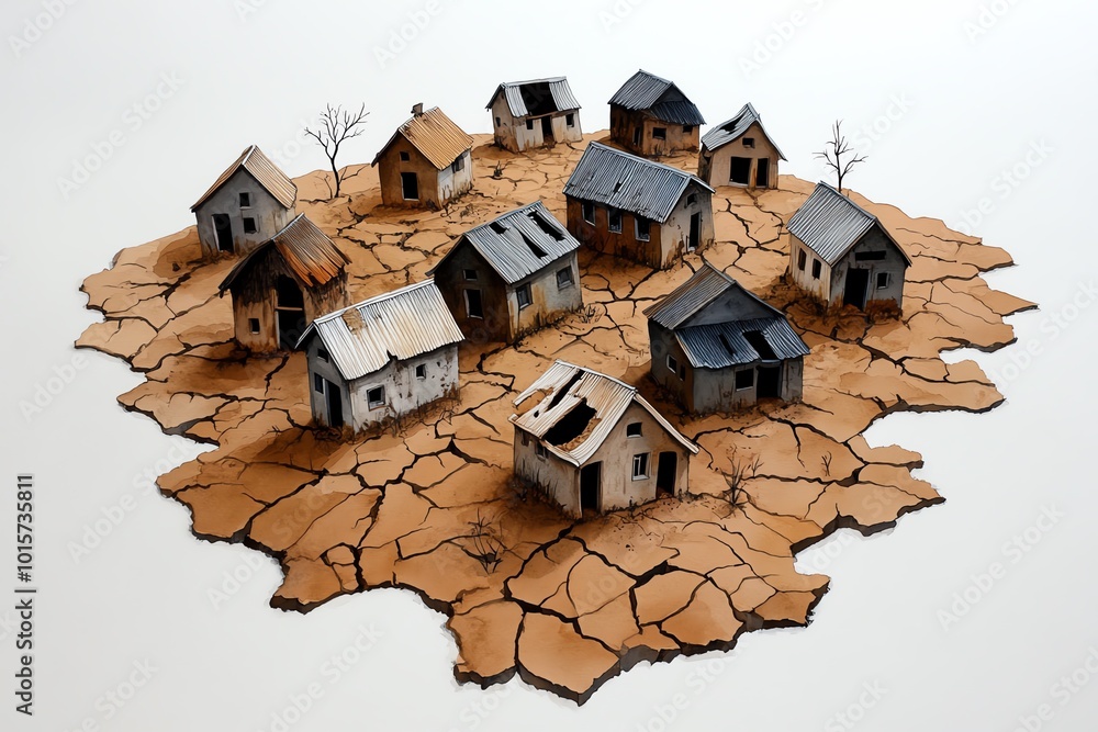 Watercolor depiction of a rural village with broken homes and cracked ...