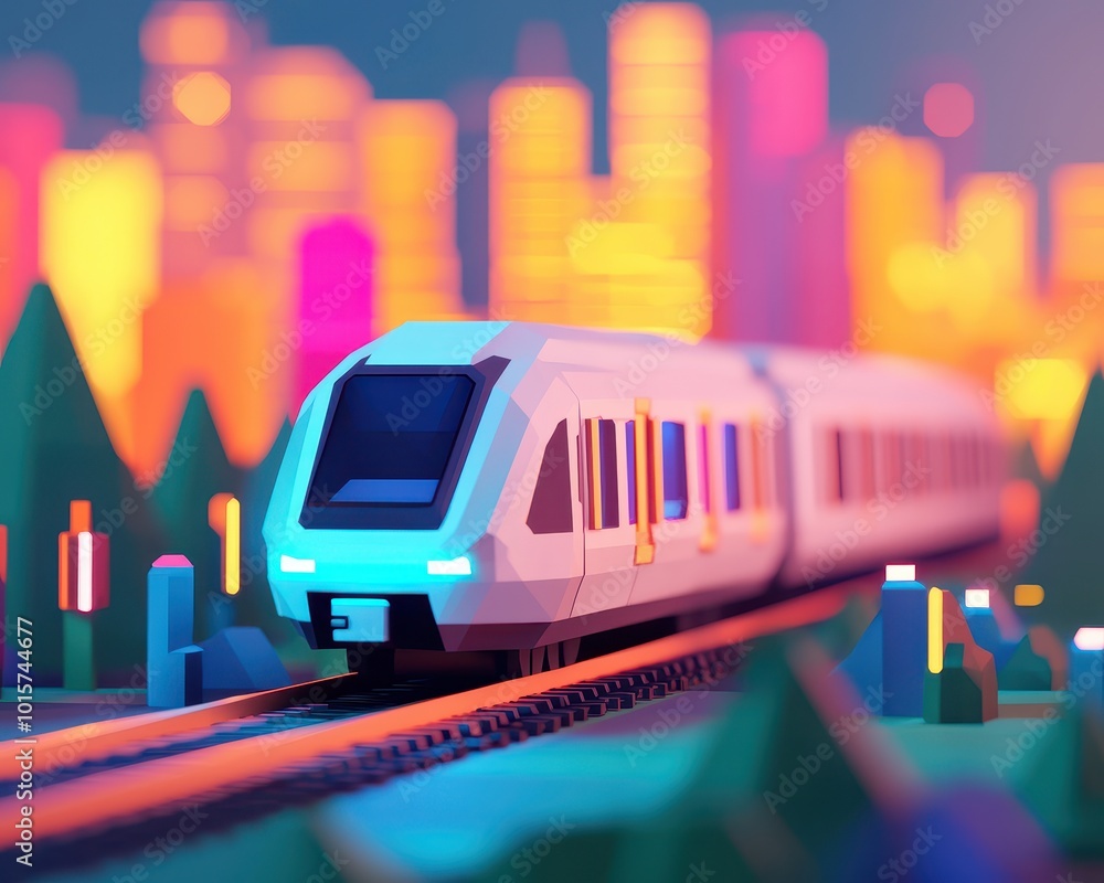 A modern, stylized train travels on a track through a colorful ...