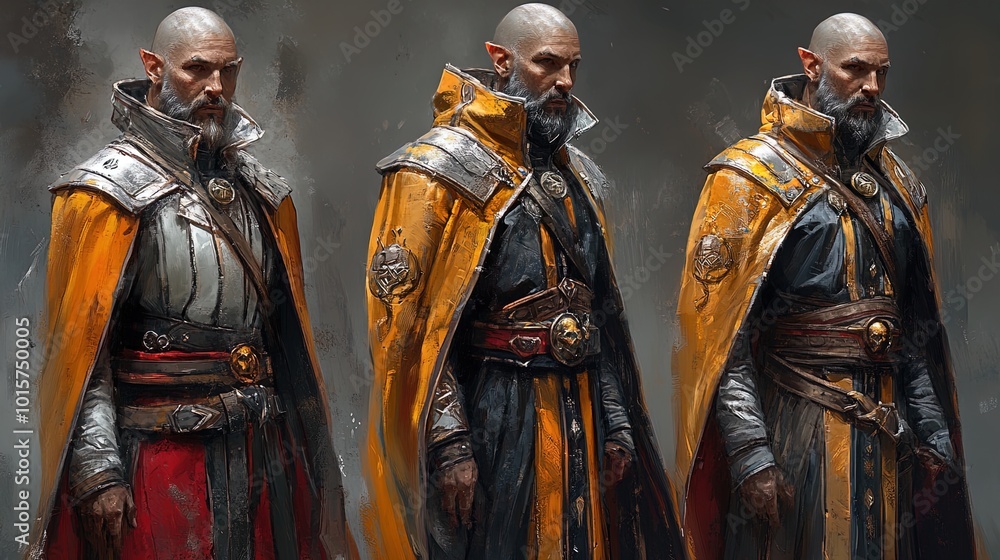 The image features three characters standing side by side, each ...