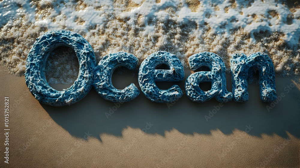 Ocean word formed from textured blue elements on sandy beach with ...