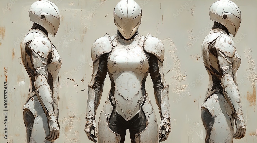 A futuristic robotic figure is presented in a three-quarter view, showcasing its angular and ...