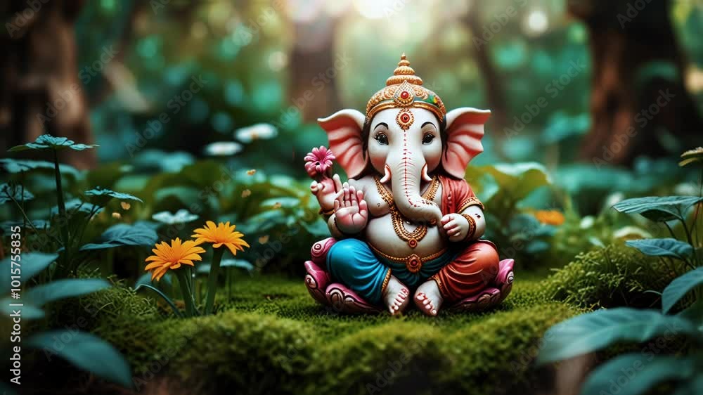 Ganesha statue with lush greenery background, sunlight shining from ...