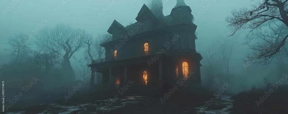 A haunting, fog-covered mansion with glowing windows and eerie ...