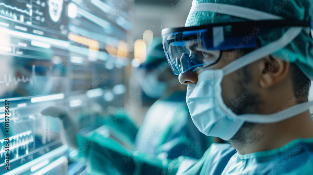 Surgeon in full medical attire interacting with a digital screen ...