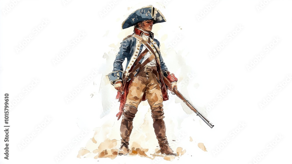 Poster A Revolutionary War soldier stands proudly in a historical ...