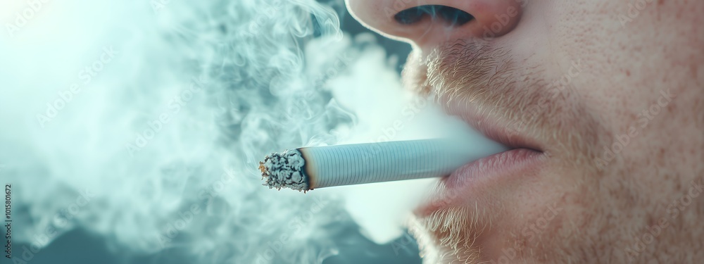 closeup of a man smoking a cigarette on a smoky background, the ...