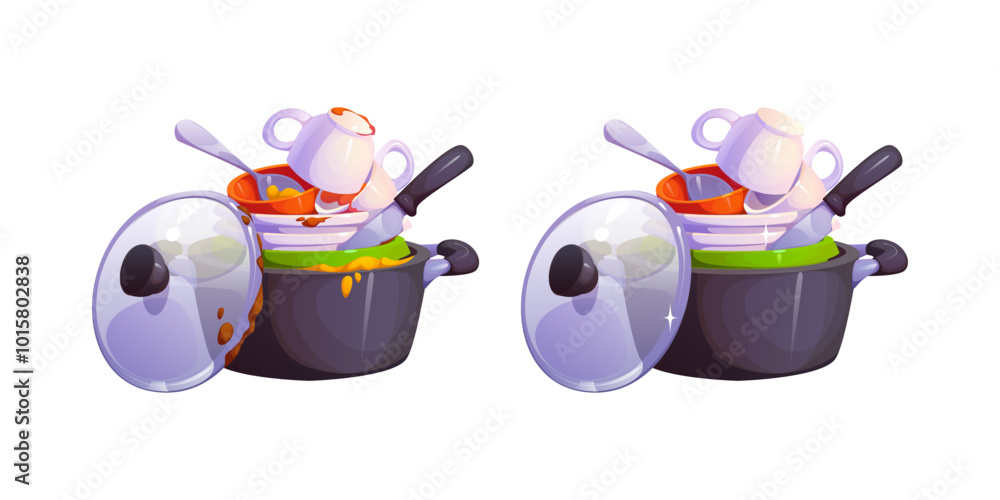 Dirty and clean dishes, plates and kitchenware stack before and after ...