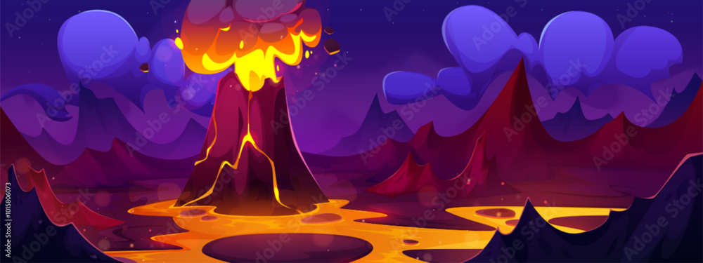 Volcanic lava erupt landscape. Prehistoric active volcano mountain ...