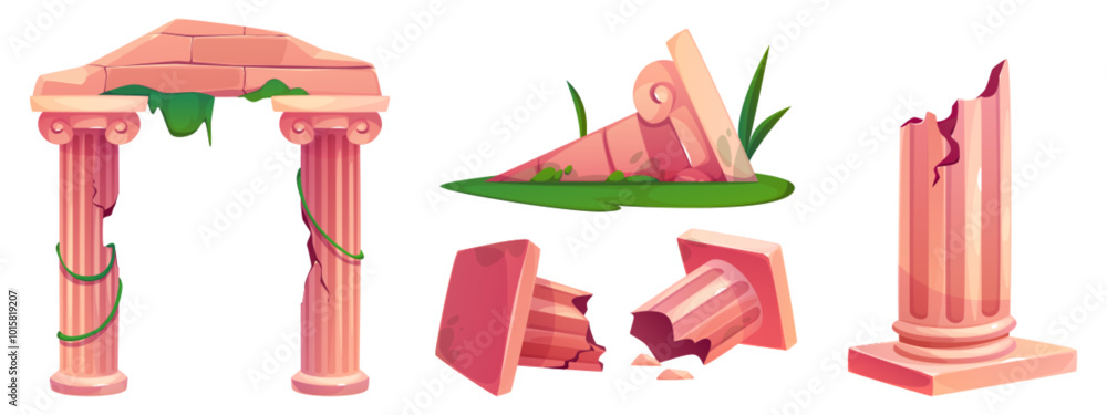 Ancient greek ruin set. Broken roman column and arch vector. Damage ...