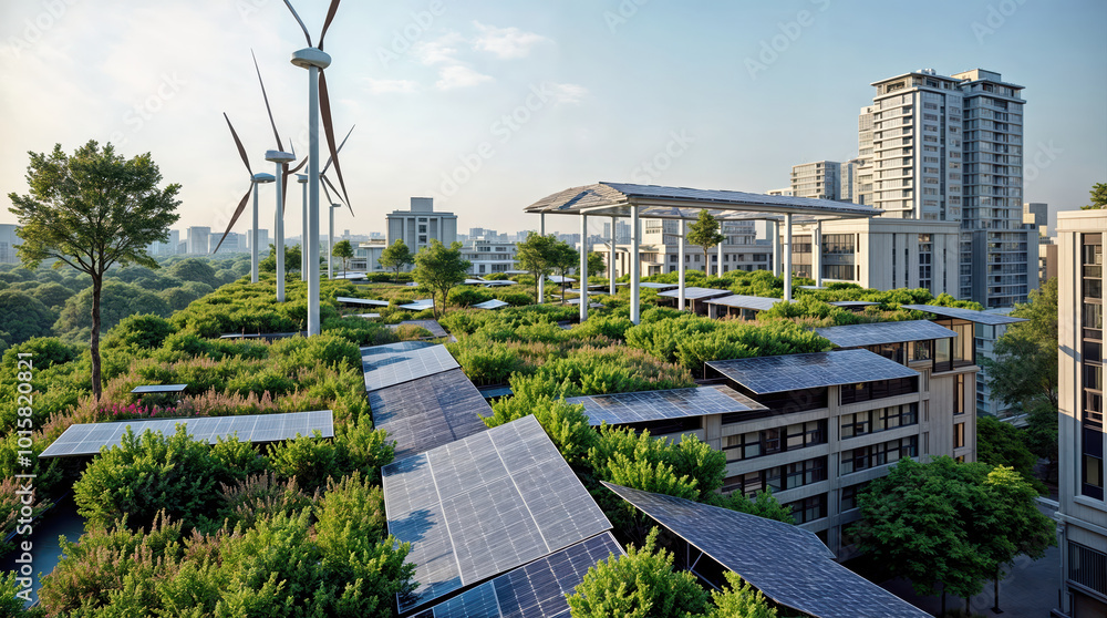Sustainable urban development with green rooftop gardens, solar panels ...