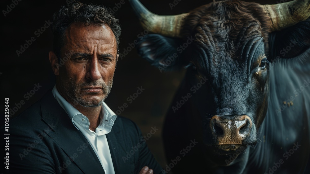 Angry stock trader in business suit standing next to a bull, high ...