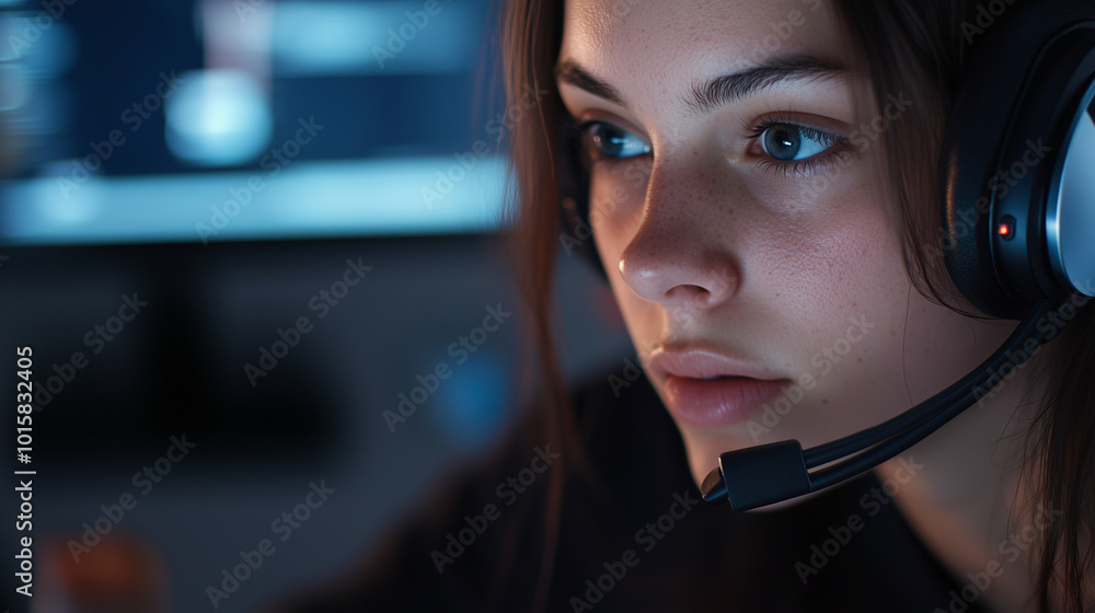 A close-up of a young woman dispatcherÃ¢Â Â s face, her headset resting ...