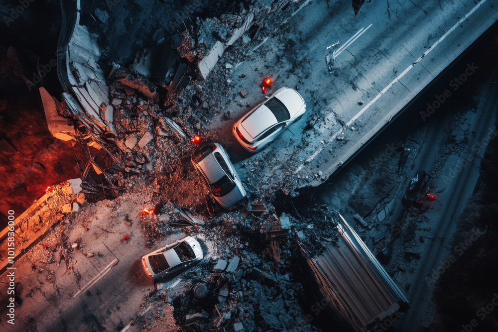 Car wreck during earthquake. Earthquake damage on freeway with car ...