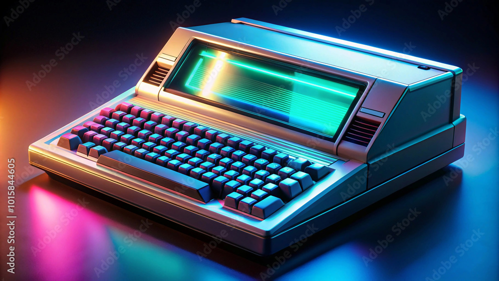 A 1980s desktop word processor with a holographic display and neon ...