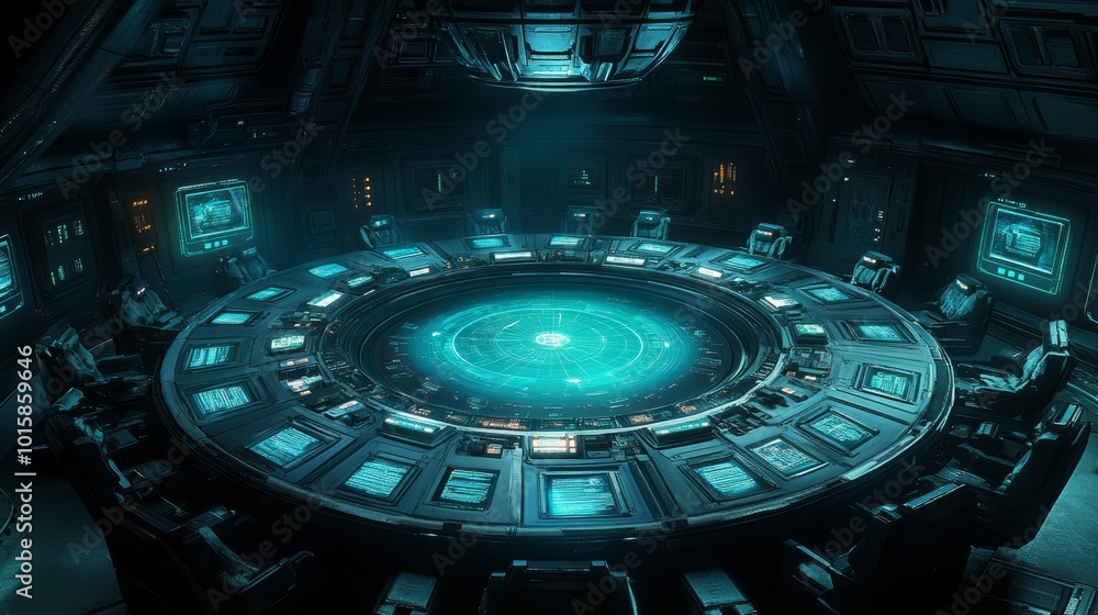 A circular control room in a deep-space starship, crew members managing ...