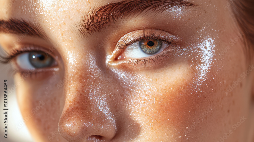 Clear and hydrated skin with natural glow, showcasing close up details ...