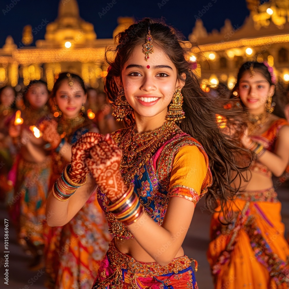 Nighttime Navaratri Festivities: Colorful Saree-Clad Women Dancing in a ...