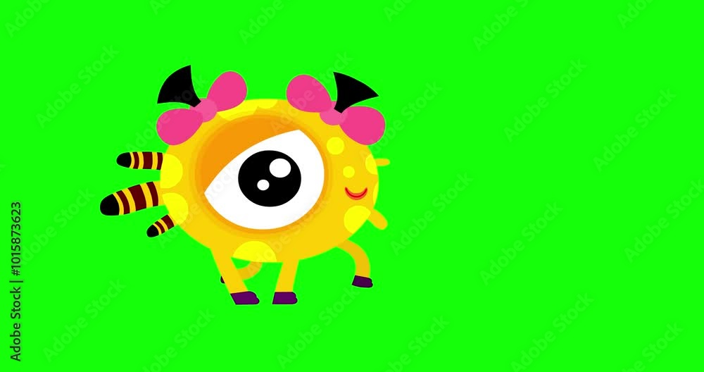 Cartoon monster with ribbons start walking greenbox. Funny animal ...