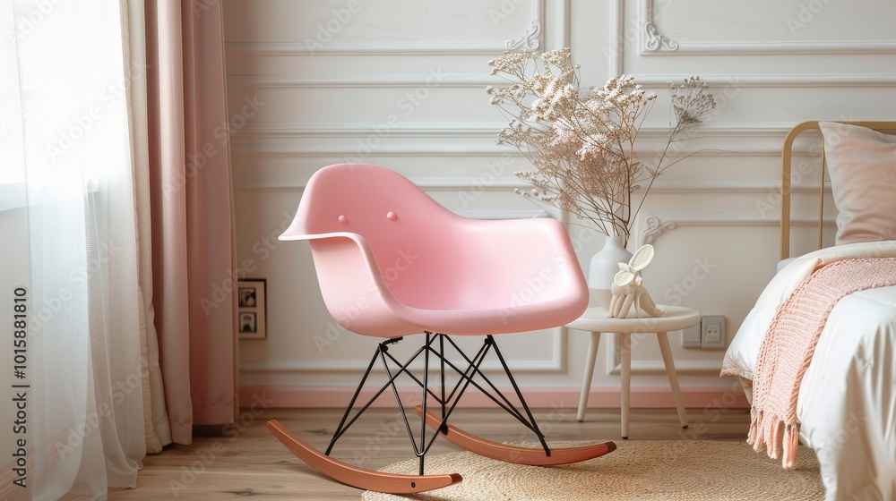 Rococo style children's rocking chair with a pink plastic shell and ...