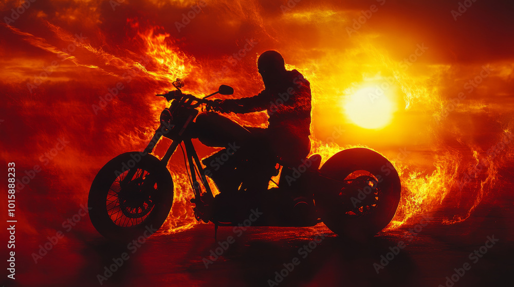 A shadowy biker sits on a flaming motorcycle, bathed in the glow of the ...