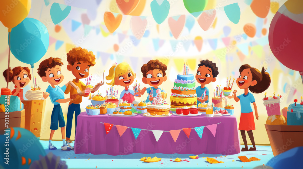 A fun cartoon poster showing kids celebrating a birthday party. There's ...