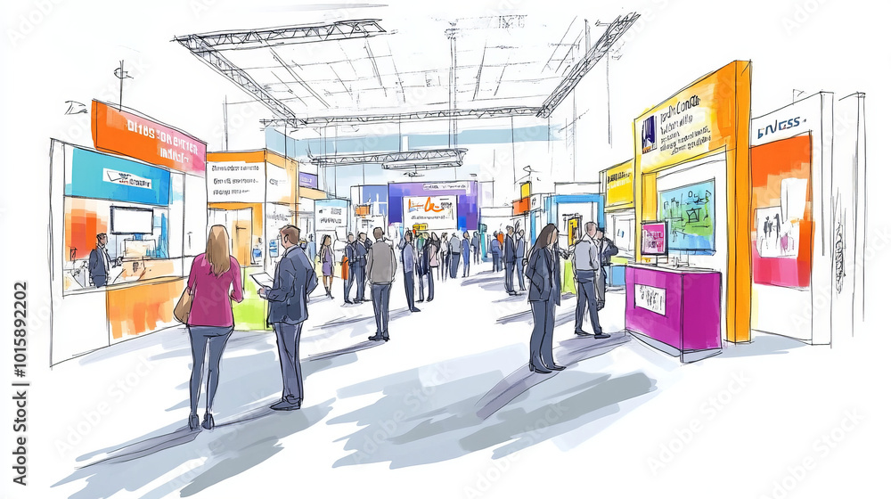 A drawing of a trade show floor, showing different booths with people ...