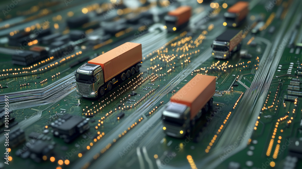 A 3D image showing a circuit board with tiny computer chips. Trucks are ...