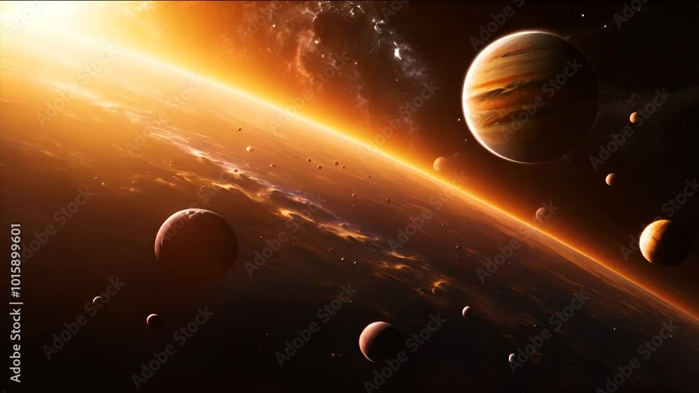 Cosmic Dance, Multiple planets orbit a brilliant sun, creating a ...