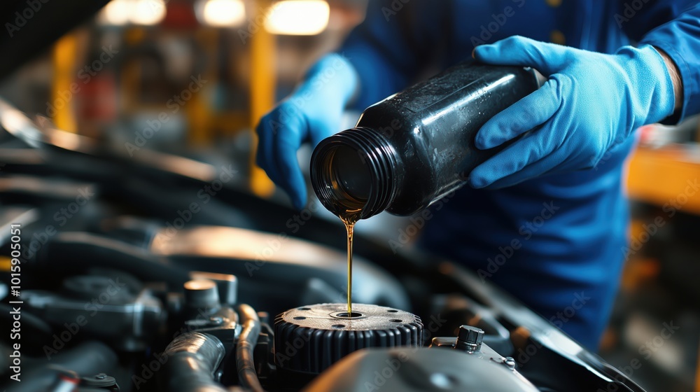 Oil Change Process in Automotive Maintenance. A mechanic performs an ...
