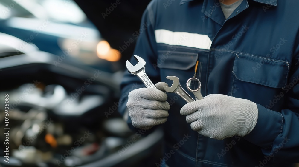Mechanic Holding Wrenches in Automotive Workshop. A mechanic in a blue ...