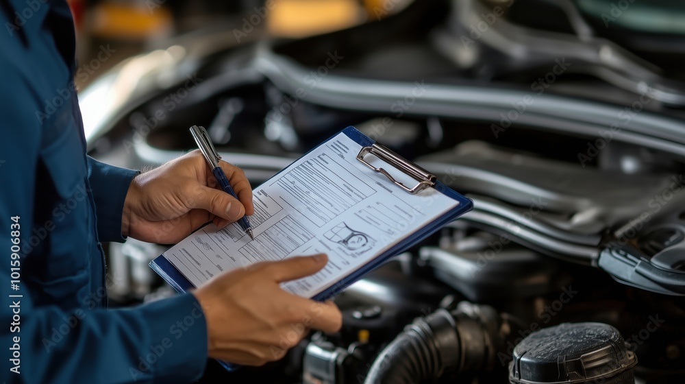 Mechanic completes an automotive inspection checklist in a workshop ...
