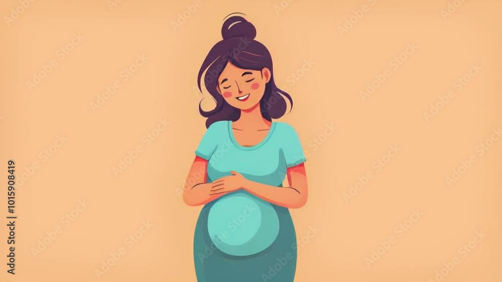 Animated mental health in pregnancy. Expectant mother hugging belly ...