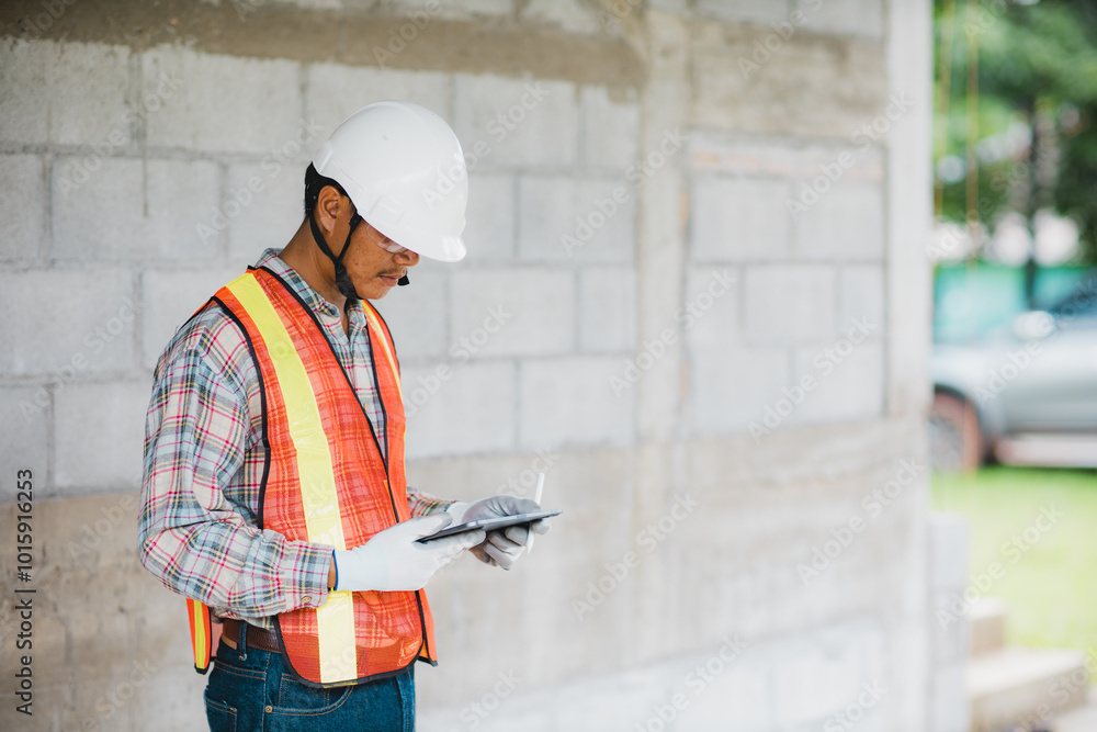 worker holding tablet are working on the construction site. Build a ...