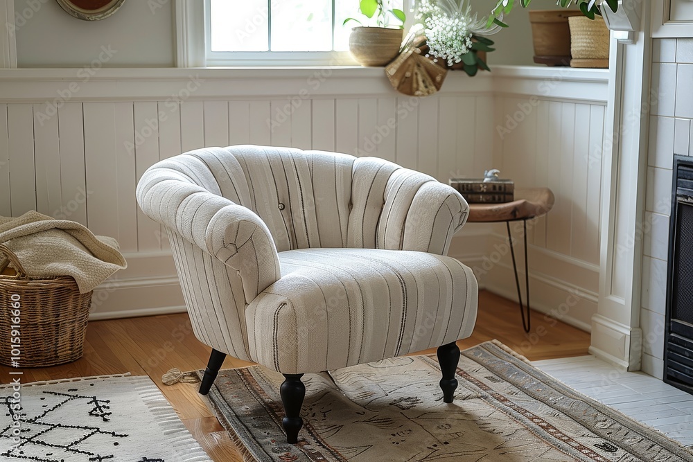 Elegant swoop accent chair in striped linen fabric with dark wood legs ...