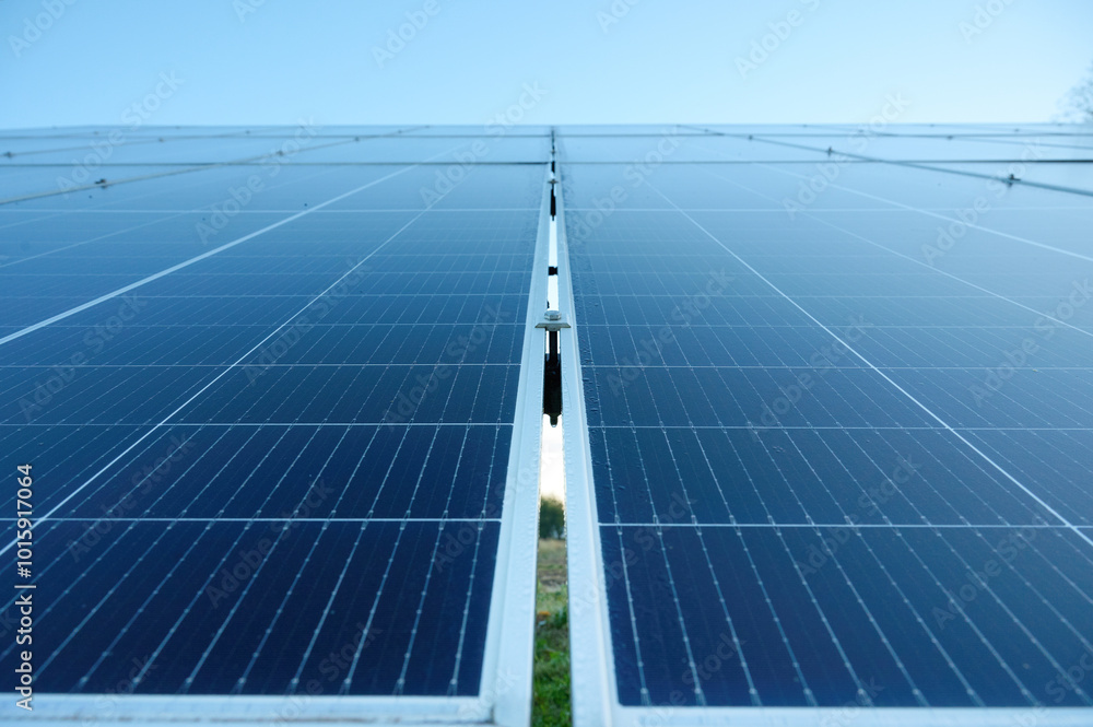 Close up view of photovoltaic solar cells on solar farm early in the ...
