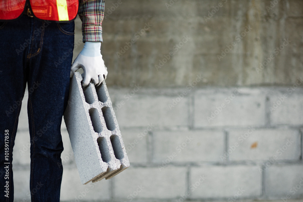 Foreman holding cement block at building object. Young man contractor ...
