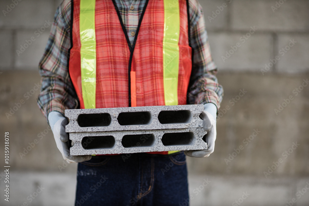 Foreman holding cement block at building object. Young man contractor ...