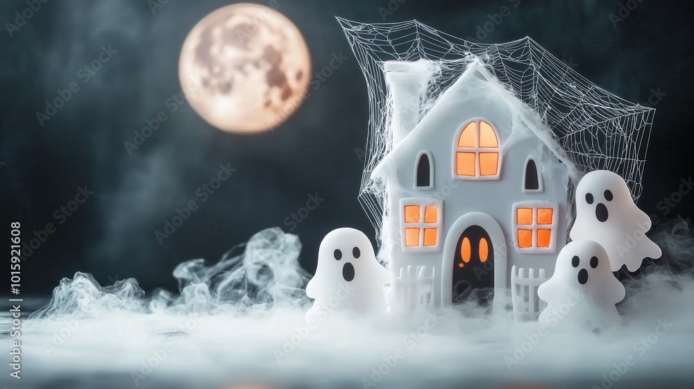 A spooky Halloween scene featuring a white haunted house surrounded by ...