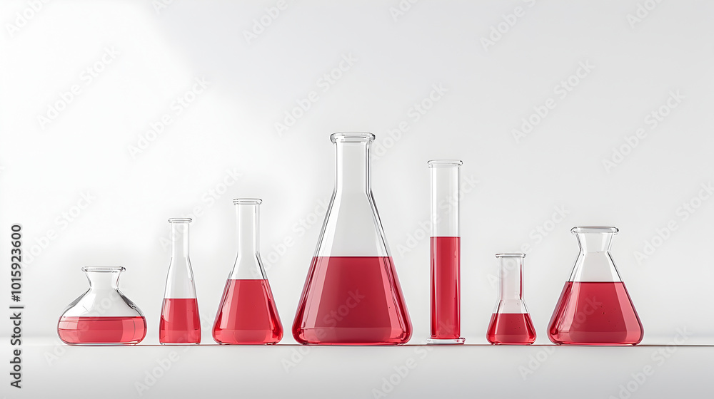 Laboratory glassware filled with red liquid, showcasing various shapes ...