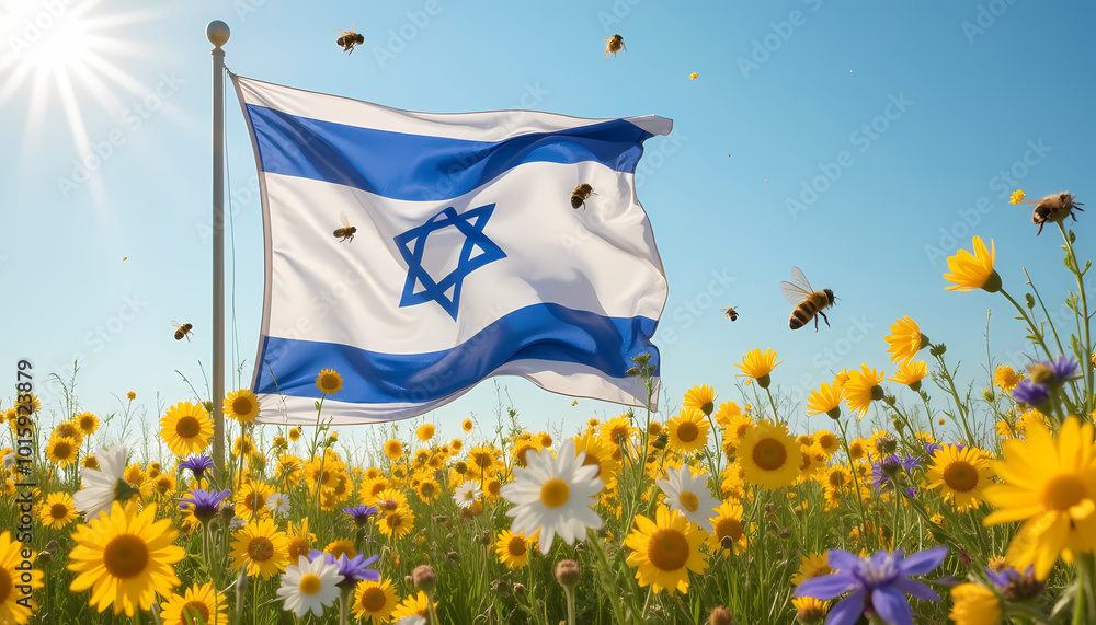 Israeli flag in a flower field with bees buzzing under a bright sun ...