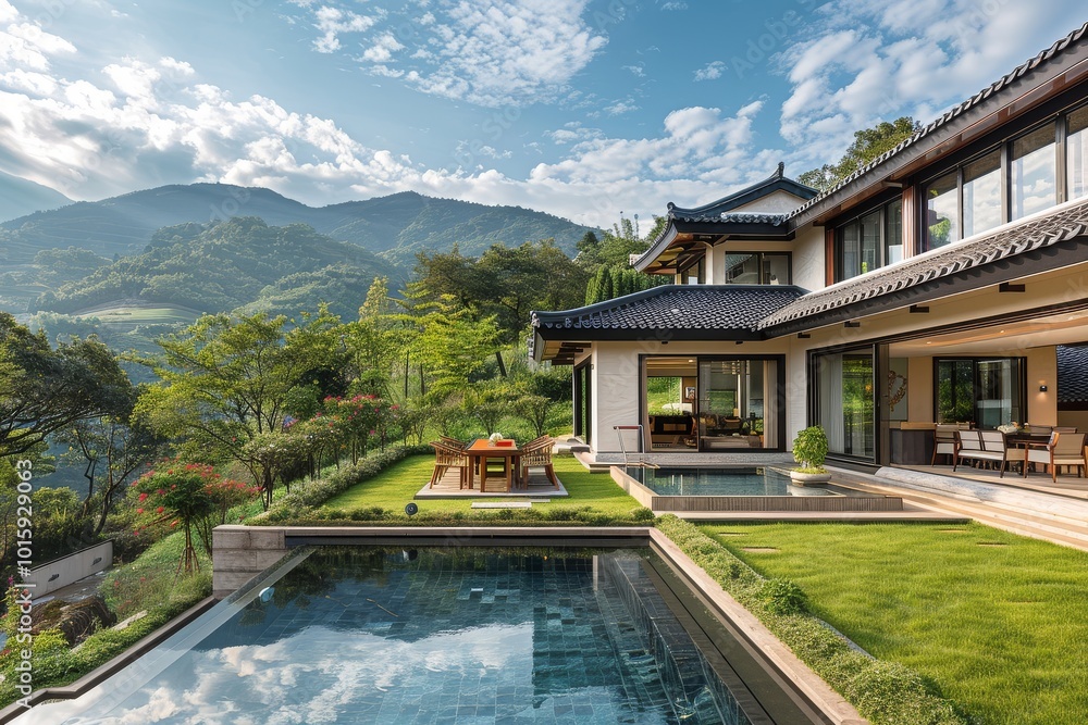 Modern villa with lawn, hot spring pool, and dining table in a mountain ...