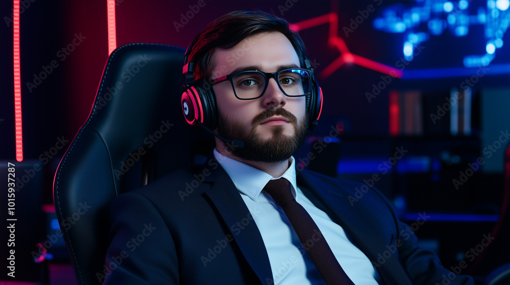 A telemarketing agent wearing a formal business suit, sitting ...