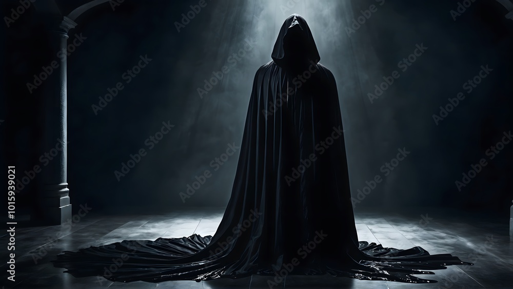 A figure is barely visible beneath a heavy cloak of shadow, symbolizing ...