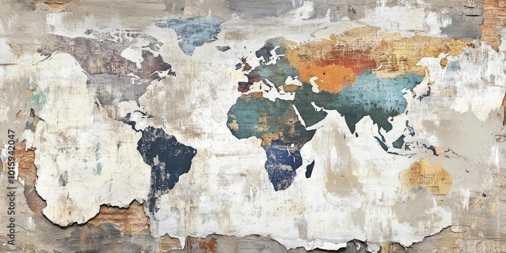 Grunge texture vintage collage world map, earth flat view made of urban ...