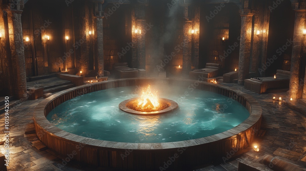 A cozy spa in a circular layout with rustic wooden hot tubs, warm fire ...