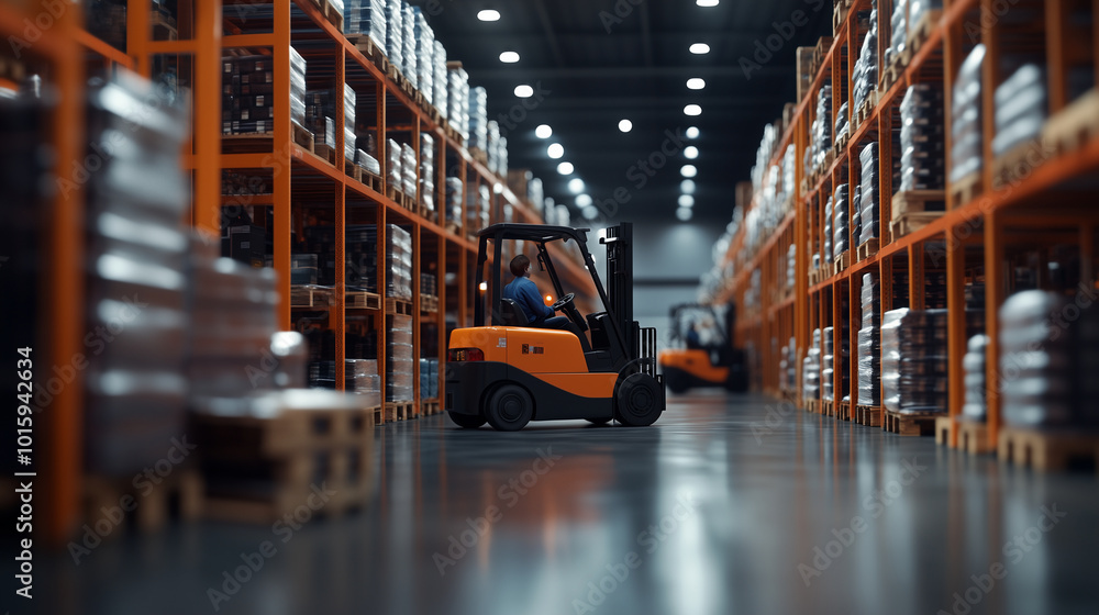 A logistics hub warehouse filled with towering shelves of goods, with ...