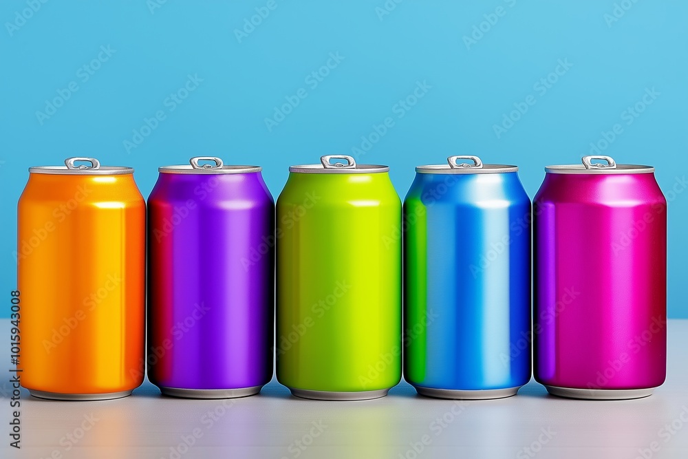 Row of colorful cans of soda. The colors are pink, orange, yellow, green, and blue. Colorful ...