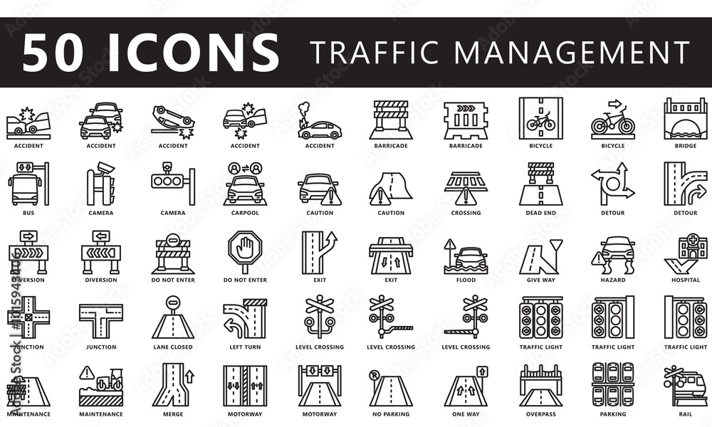 Traffic management black outline icons set. contain accident, barricade ...