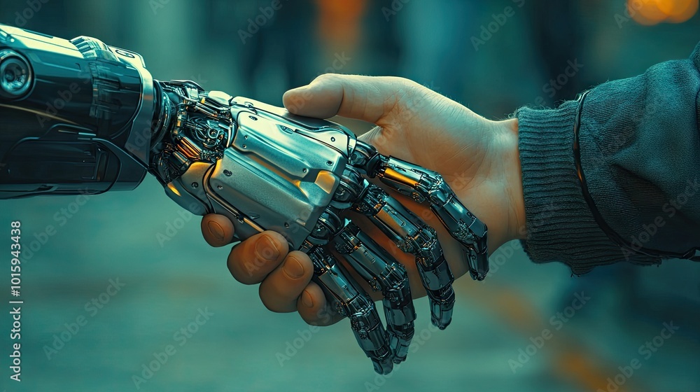 Human and robot hands coming together in a handshake, capturing the ...